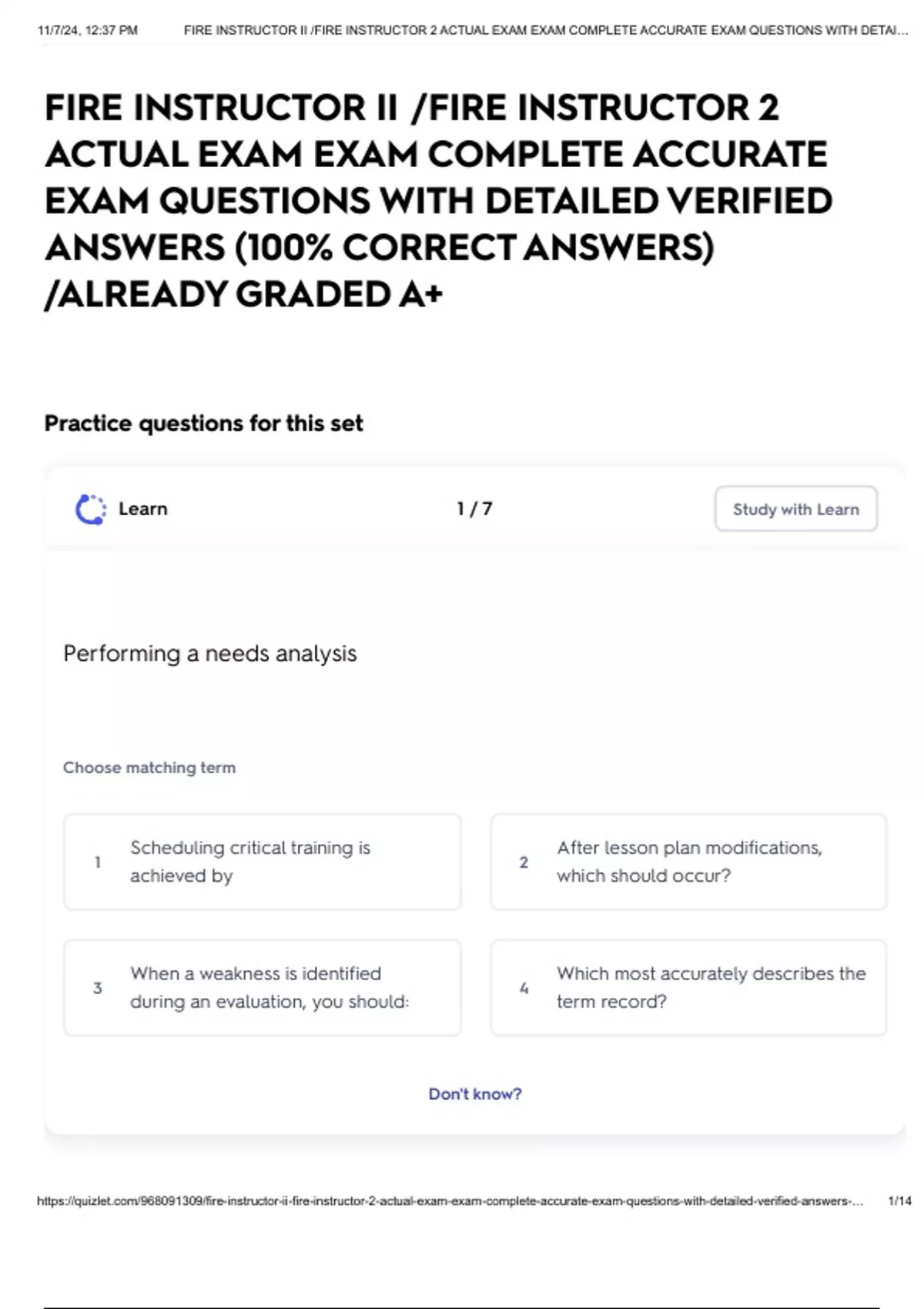 FIRE INSTRUCTOR II /FIRE INSTRUCTOR 2 ACTUAL EXAM EXAM COMPLETE ACCURATE EXAM QUESTIONS WITH ...