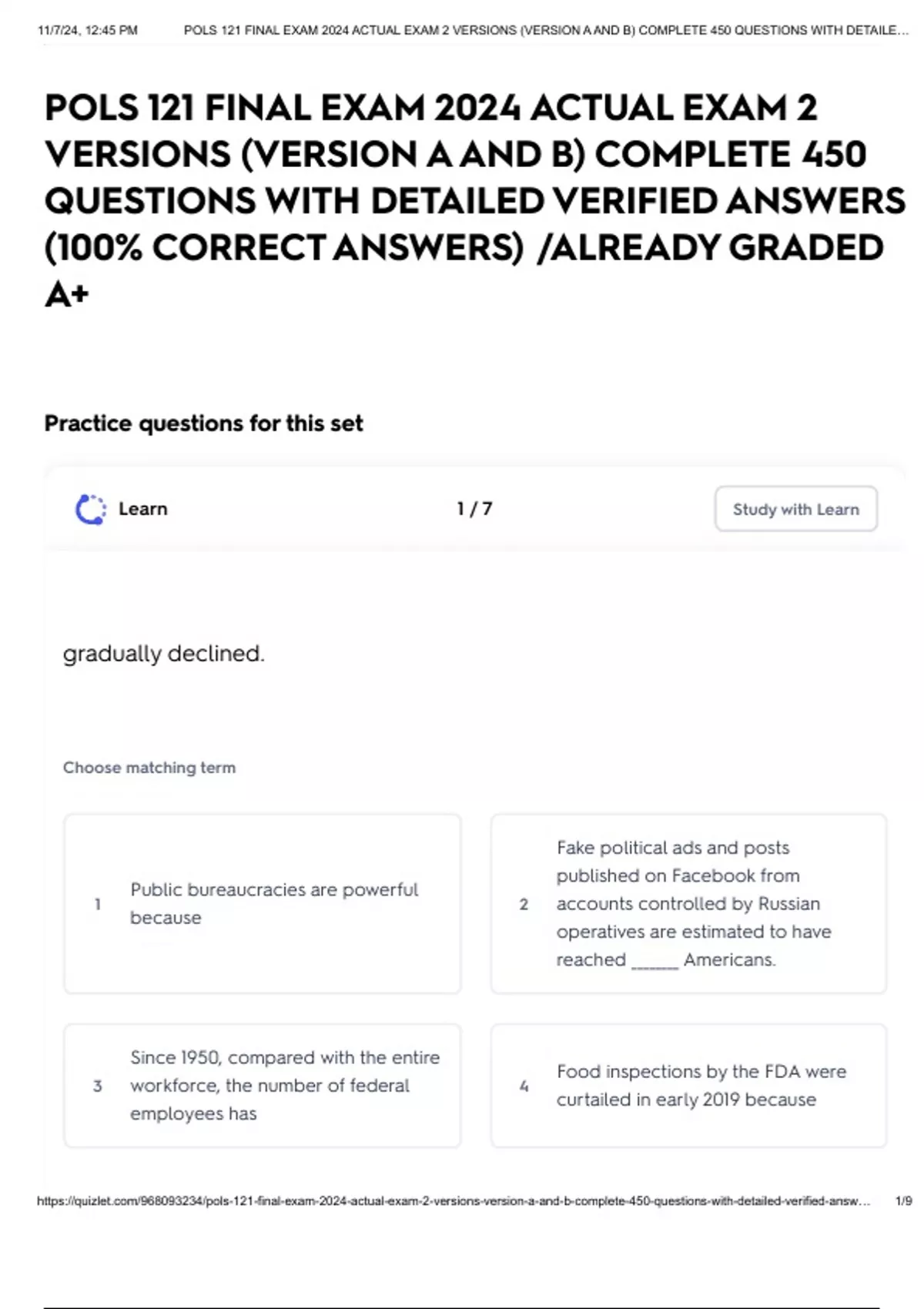 POLS 121 FINAL EXAM 2024 ACTUAL EXAM 2 VERSIONS (VERSION A AND B) COMPLETE 450 QUESTIONS WITH ...