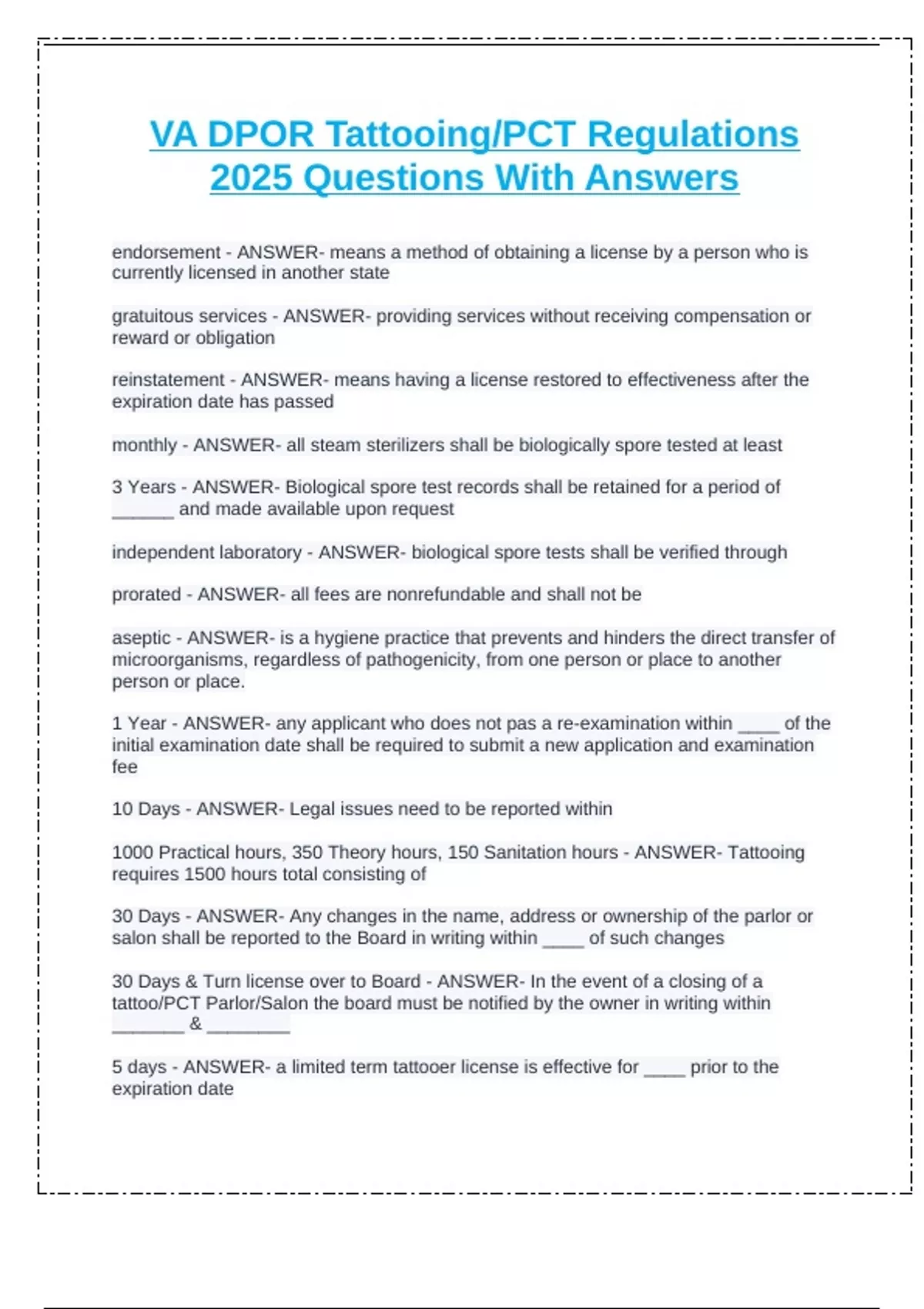 VA DPOR Tattooing/PCT Regulations 2025 Questions With Answers - VA DPOR ...