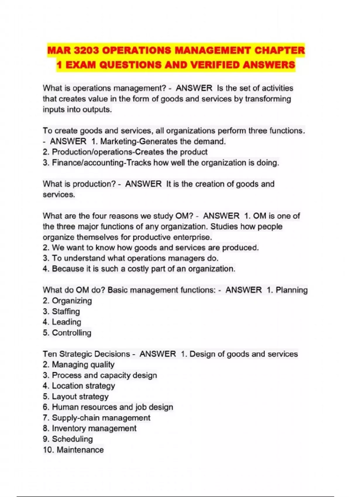 MAR 3203 OPERATIONS MANAGEMENT CHAPTER 1 EXAM QUESTIONS AND VERIFIED ANSWERS - MAR 3203 ...