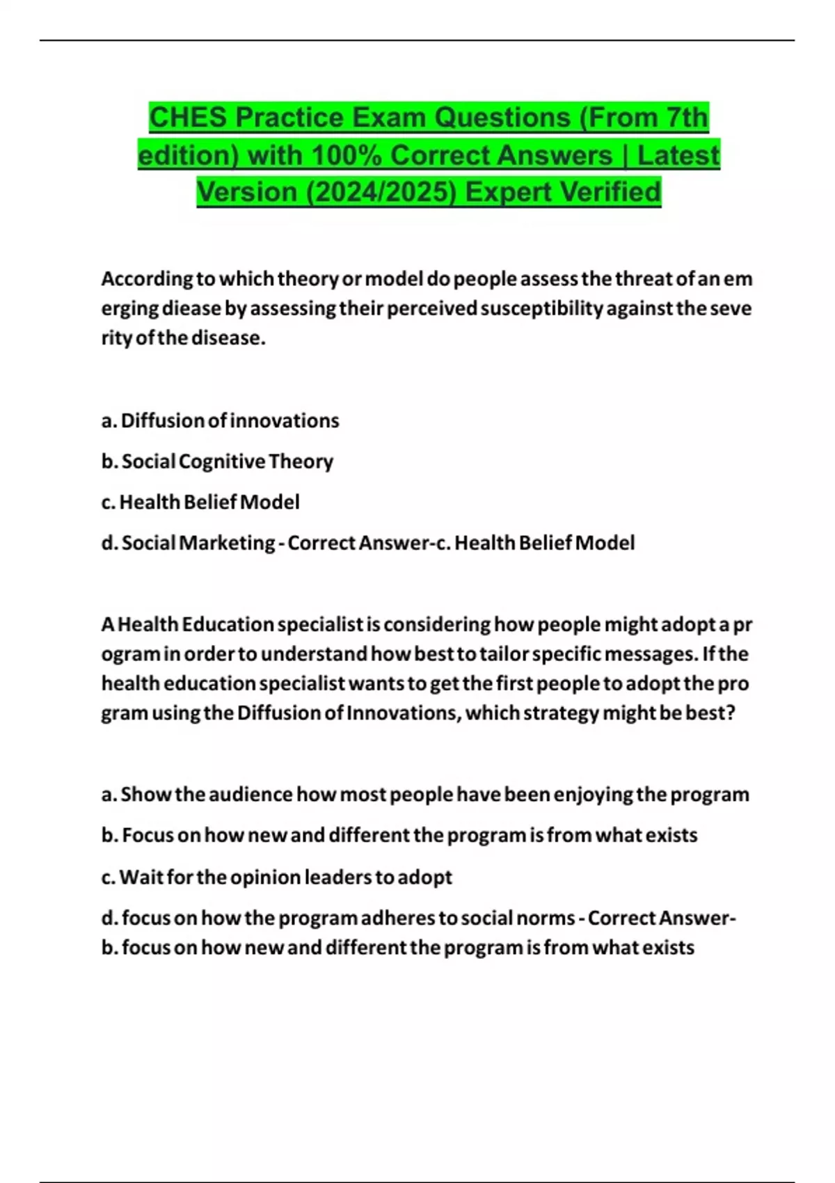 CHES Practice Exam Questions (From 7th edition) with 100% Correct ...