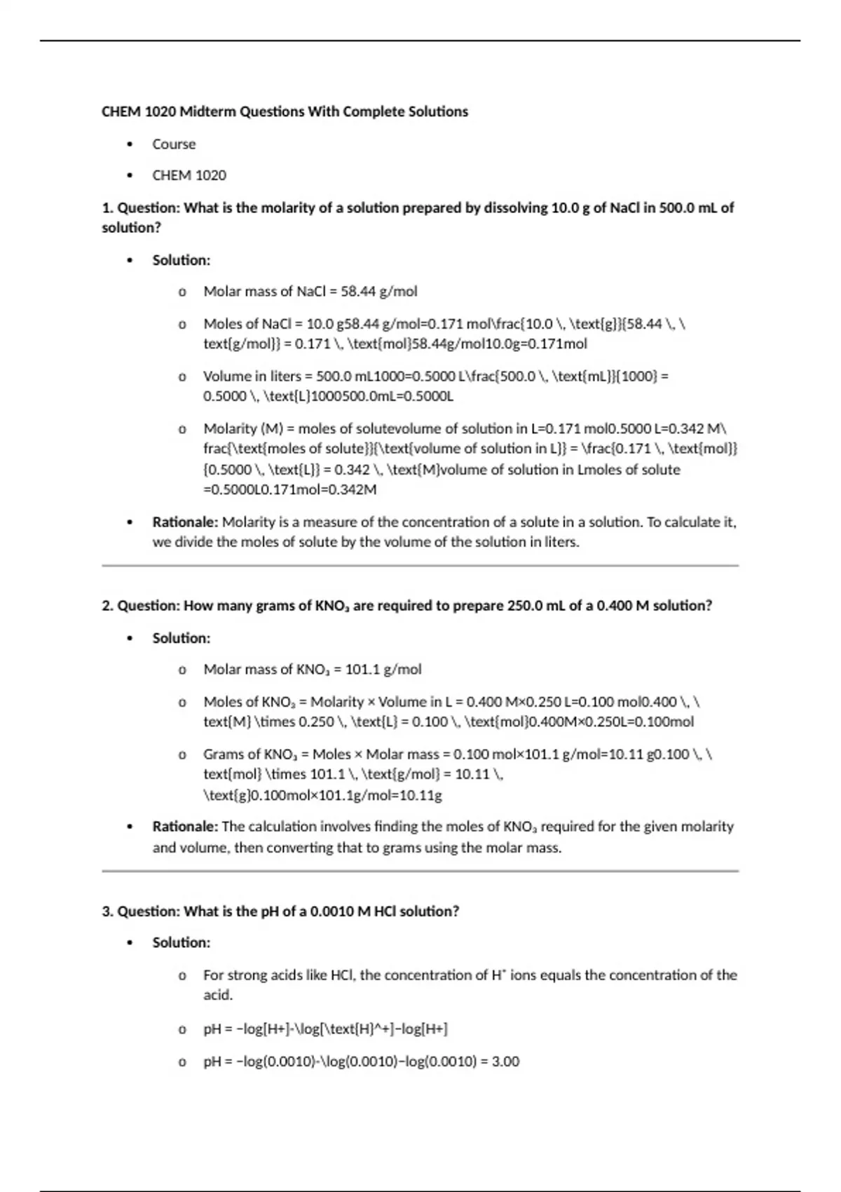 CHEM 1020 Midterm Questions With Complete Solutions - Chem 1020 - Stuvia US
