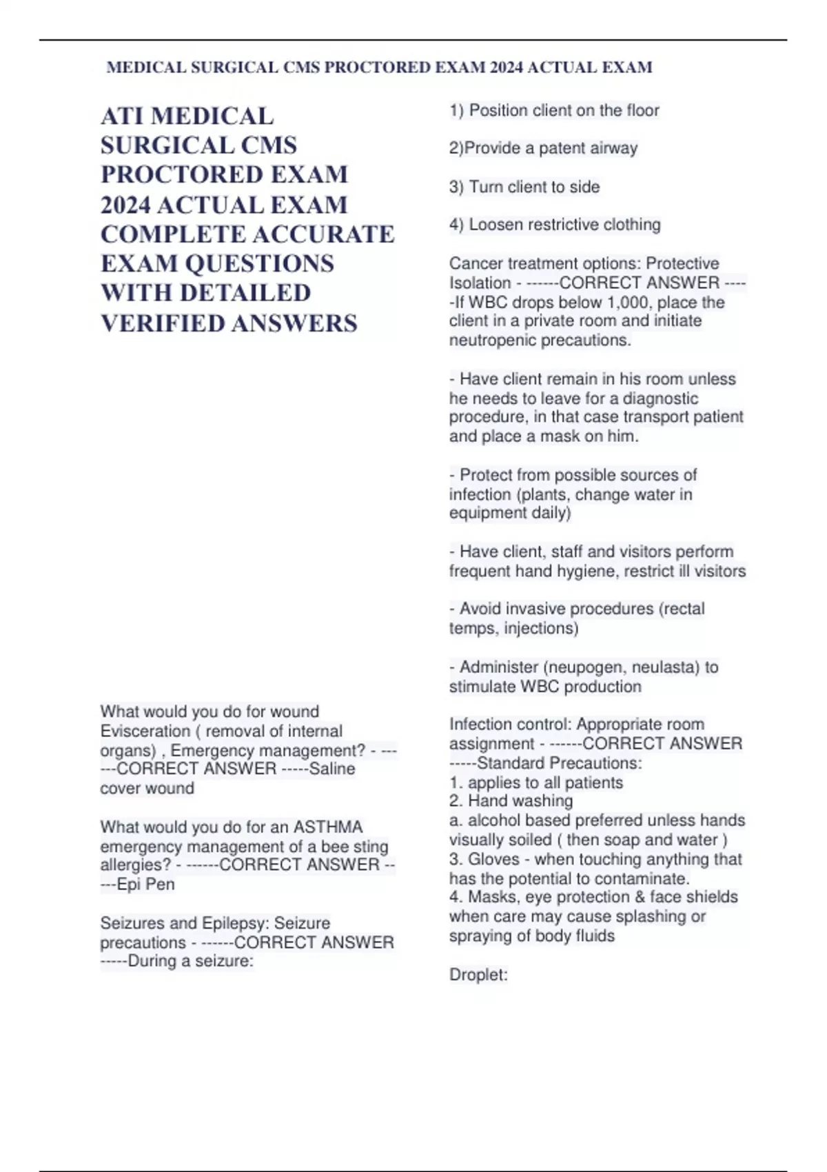 ATI MEDICAL SURGICAL CMS PROCTORED EXAM 2024 ACTUAL EXAM COMPLETE ...