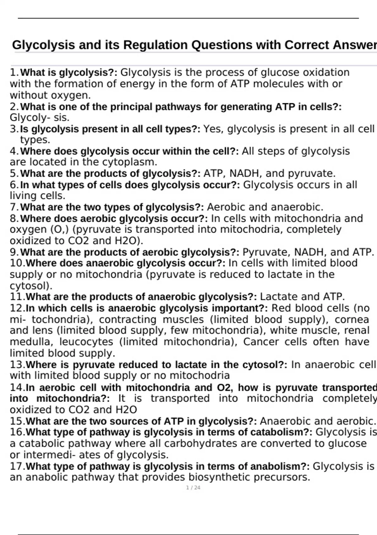 Glycolysis and its Regulation Questions with Correct Answers ...