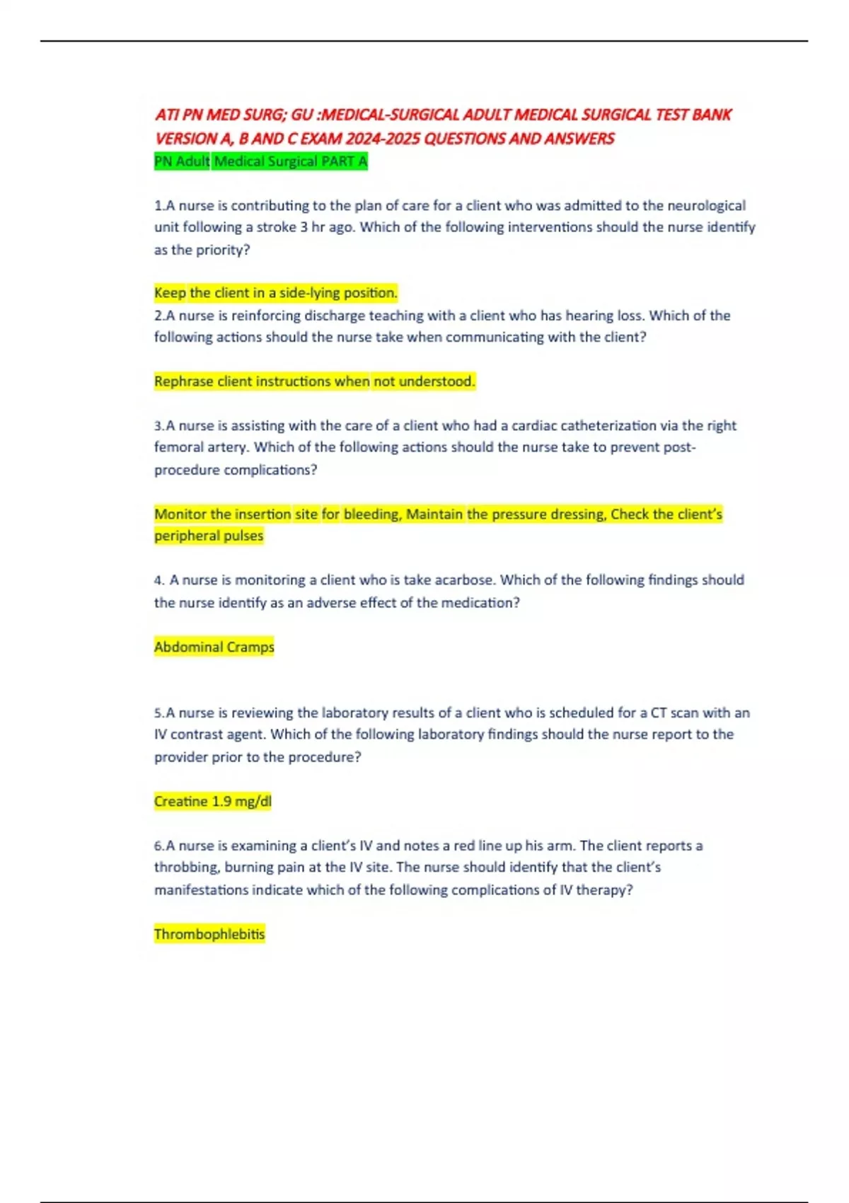 ATI PN MED SURG; GU :MEDICAL-SURGICAL ADULT MEDICAL SURGICAL TEST BANK ...