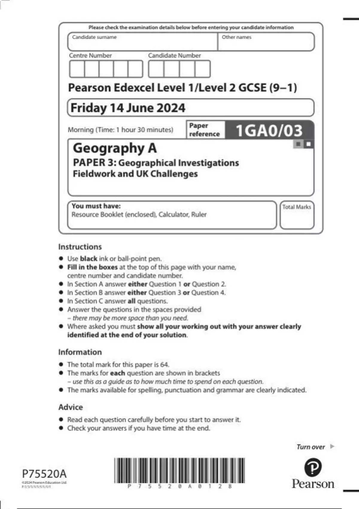 Pearson Edexcel Level 1/Level 2 GCSE (9−1) Geography A PAPER 3 ...
