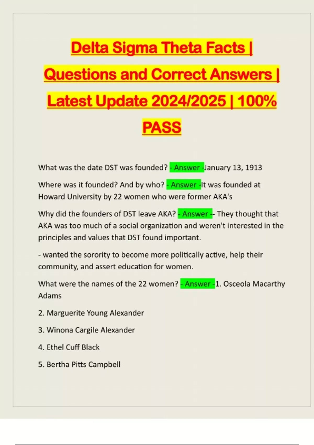 Delta Sigma Theta Facts | Questions and Correct Answers | Latest Update ...