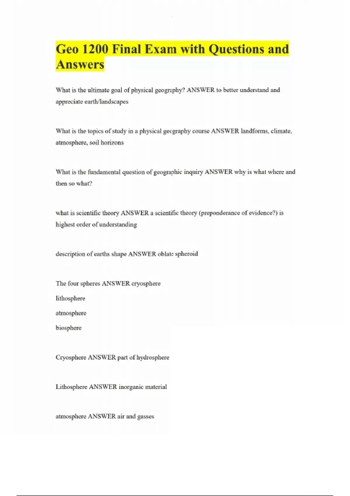 Geo 1200 Final Exam with Questions and Answers - Geo 1200 - Stuvia US