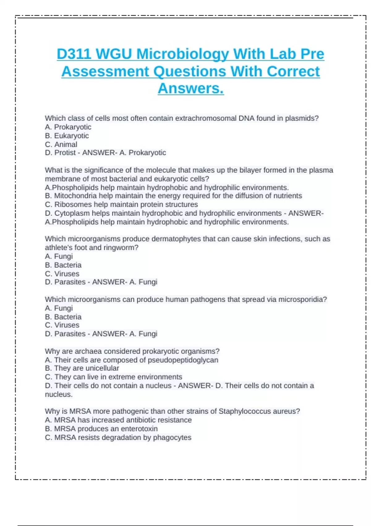 D311 WGU Microbiology With Lab Pre Assessment Questions With Correct Answers. - WGU D311 - Stuvia US