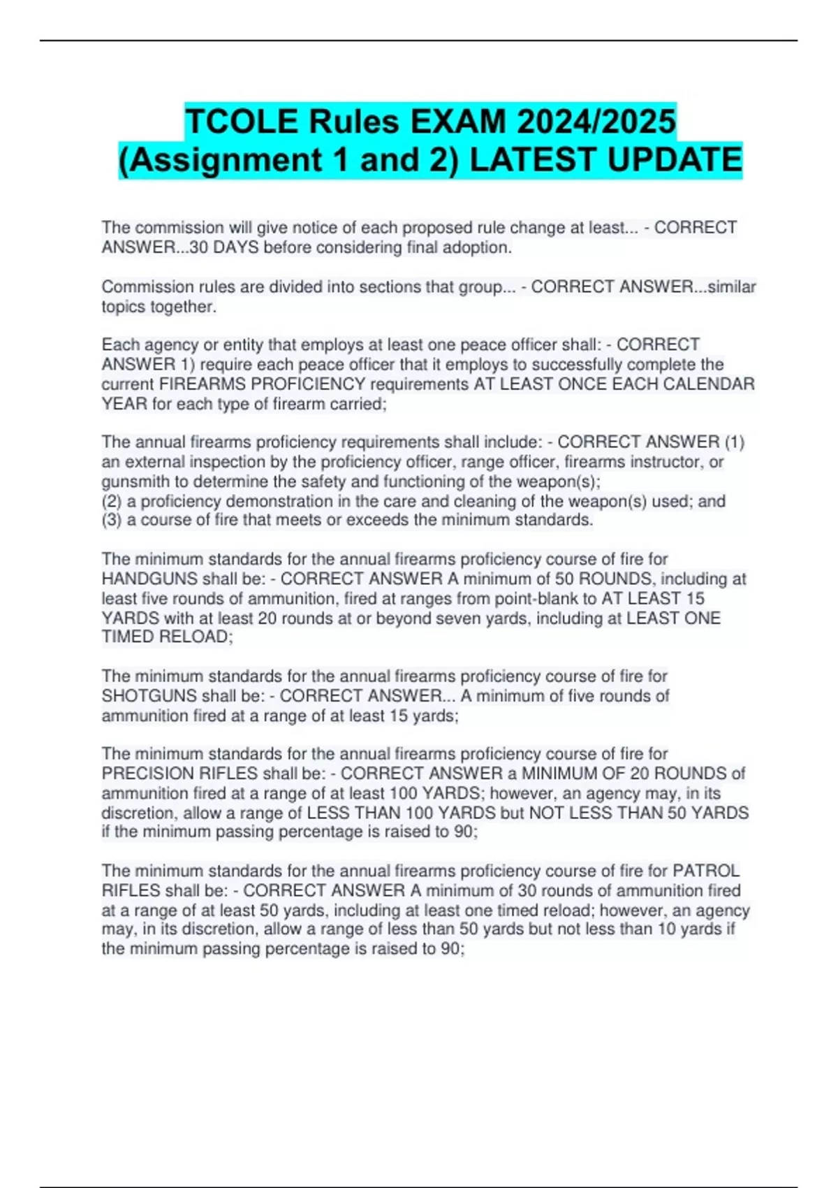 TCOLE Rules EXAM 2024/2025 (Assignment 1 and 2) LATEST UPDATE - TCOLE ...