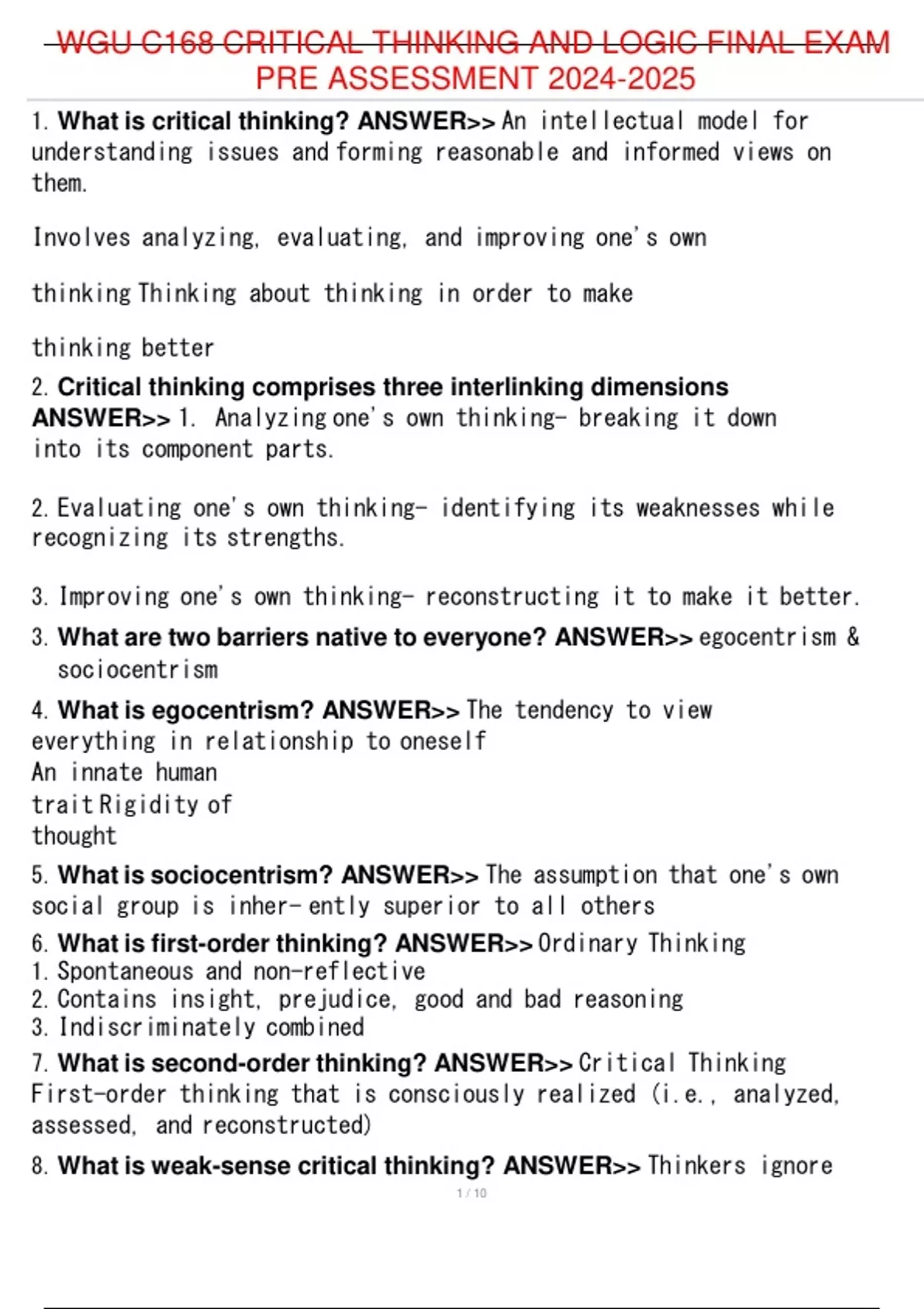 WGU C168 CRITICAL THINKING AND LOGIC FINAL EXAM PRE ASSESSMENT - WGU ...