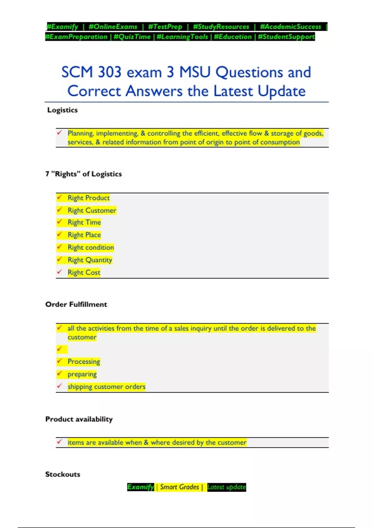 SCM 303 exam 3 MSU Questions and Correct Answers the Latest Update ...