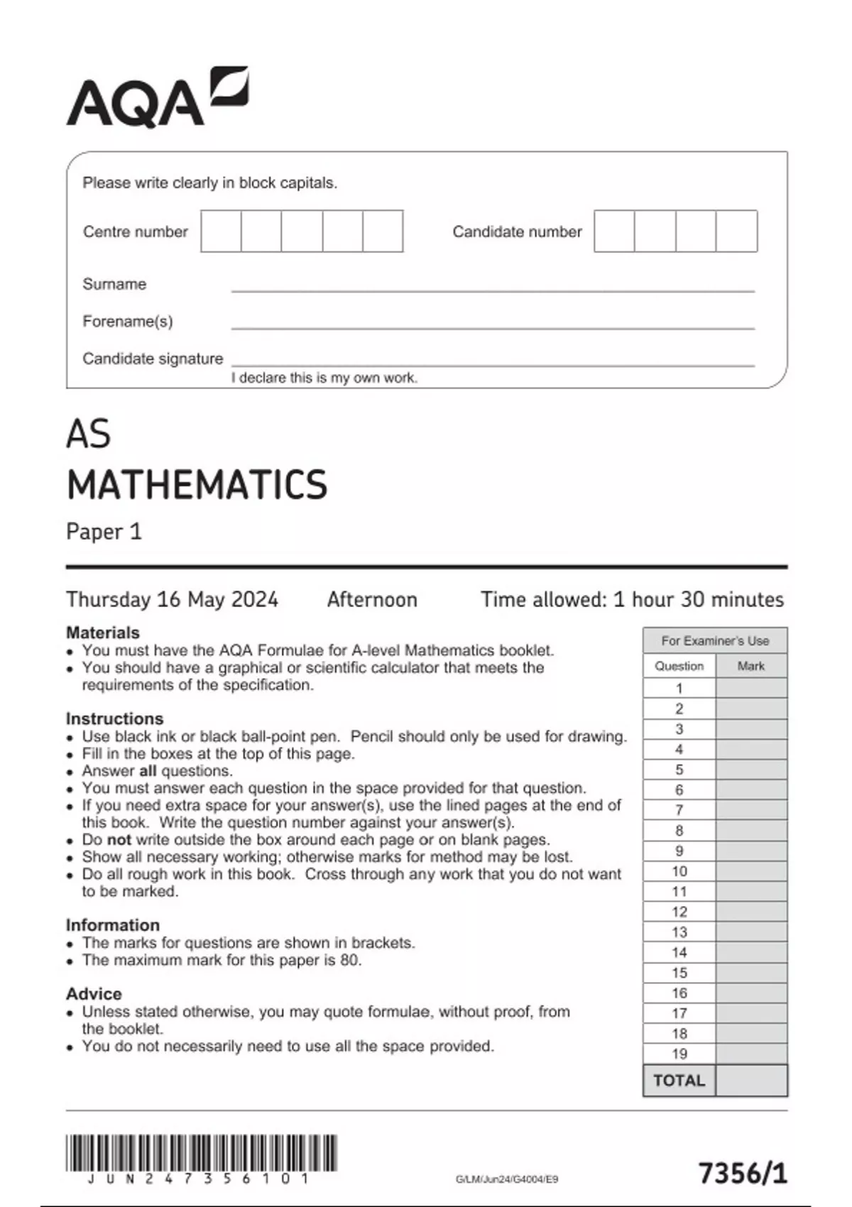 AQA AS MATHEMATICS Paper 1 JUNE 2024 QUESTION PAPER - AS MATHEMATICS ...
