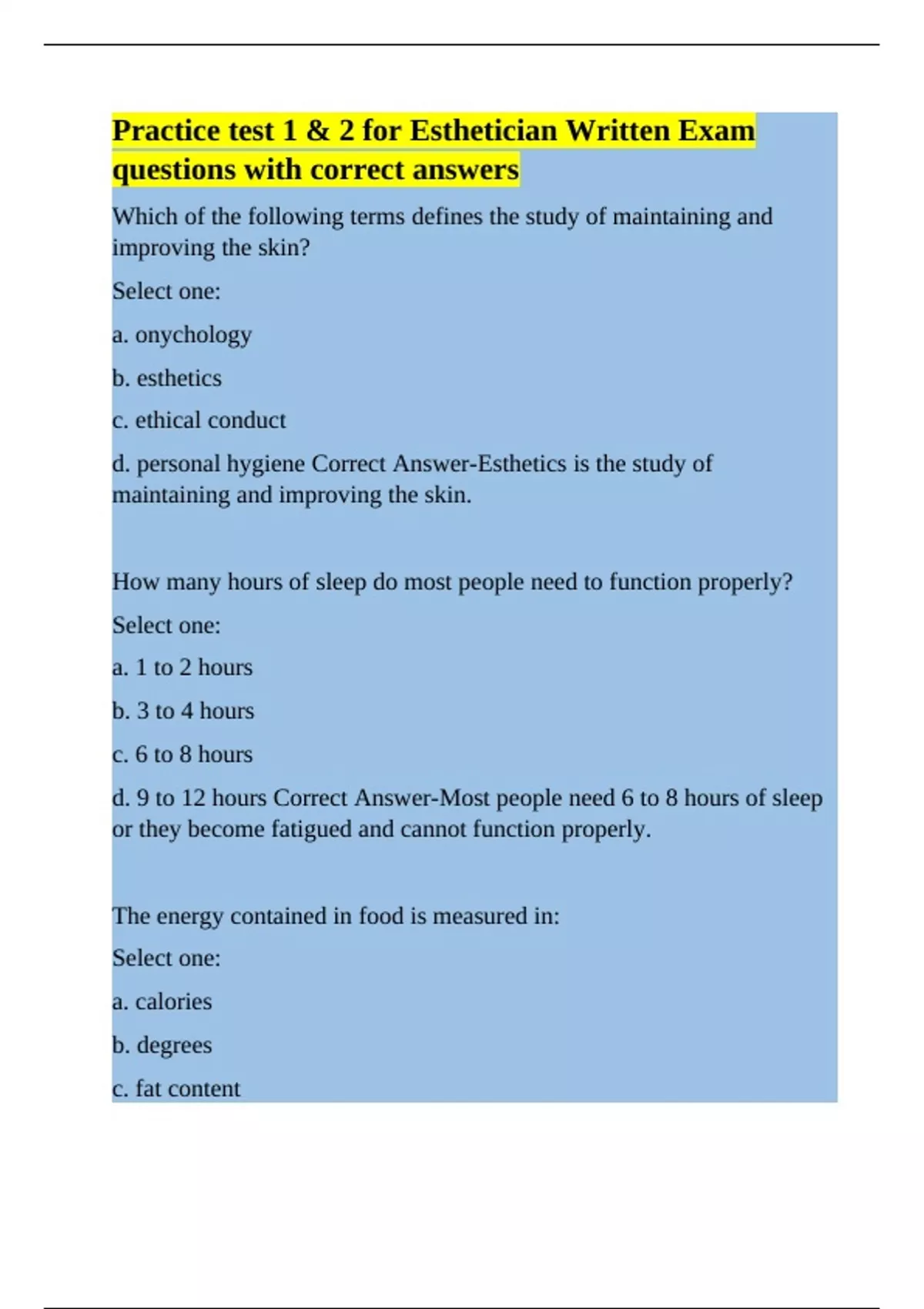 Practice test 1 & 2 for Esthetician Written Exam questions with correct ...