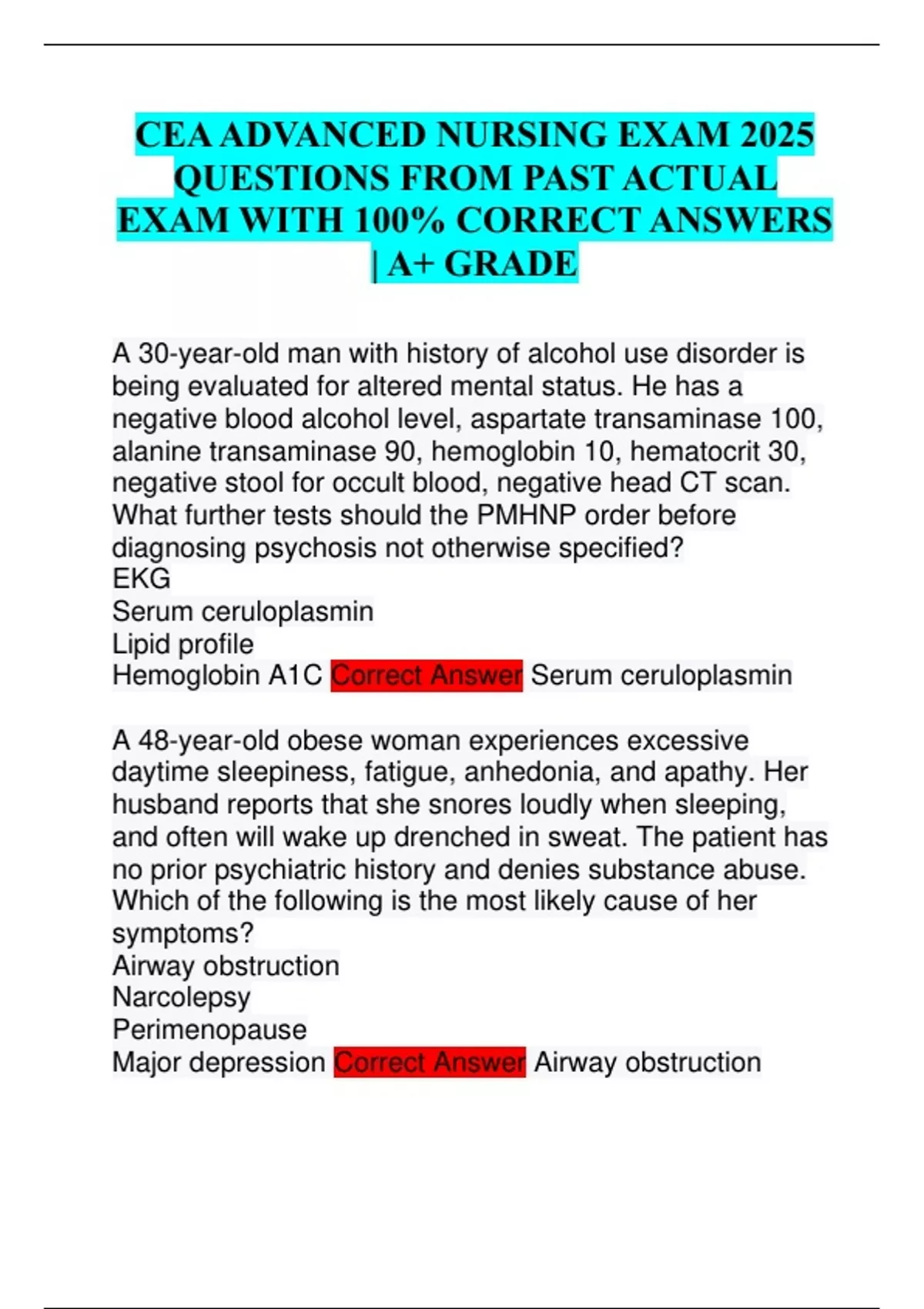 CEA ADVANCED NURSING EXAM 2025 QUESTIONS FROM PAST ACTUAL EXAM WITH 100 ...