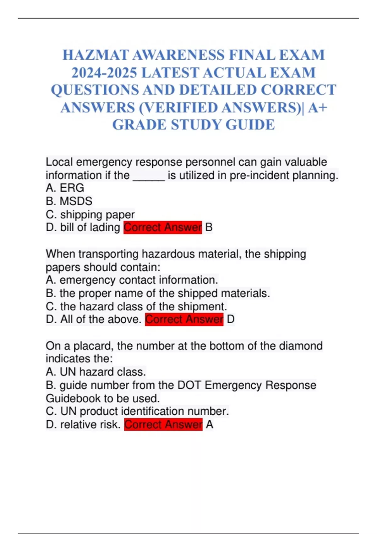 HAZMAT AWARENESS FINAL EXAM LATEST ACTUAL EXAM QUESTIONS AND DETAILED ...