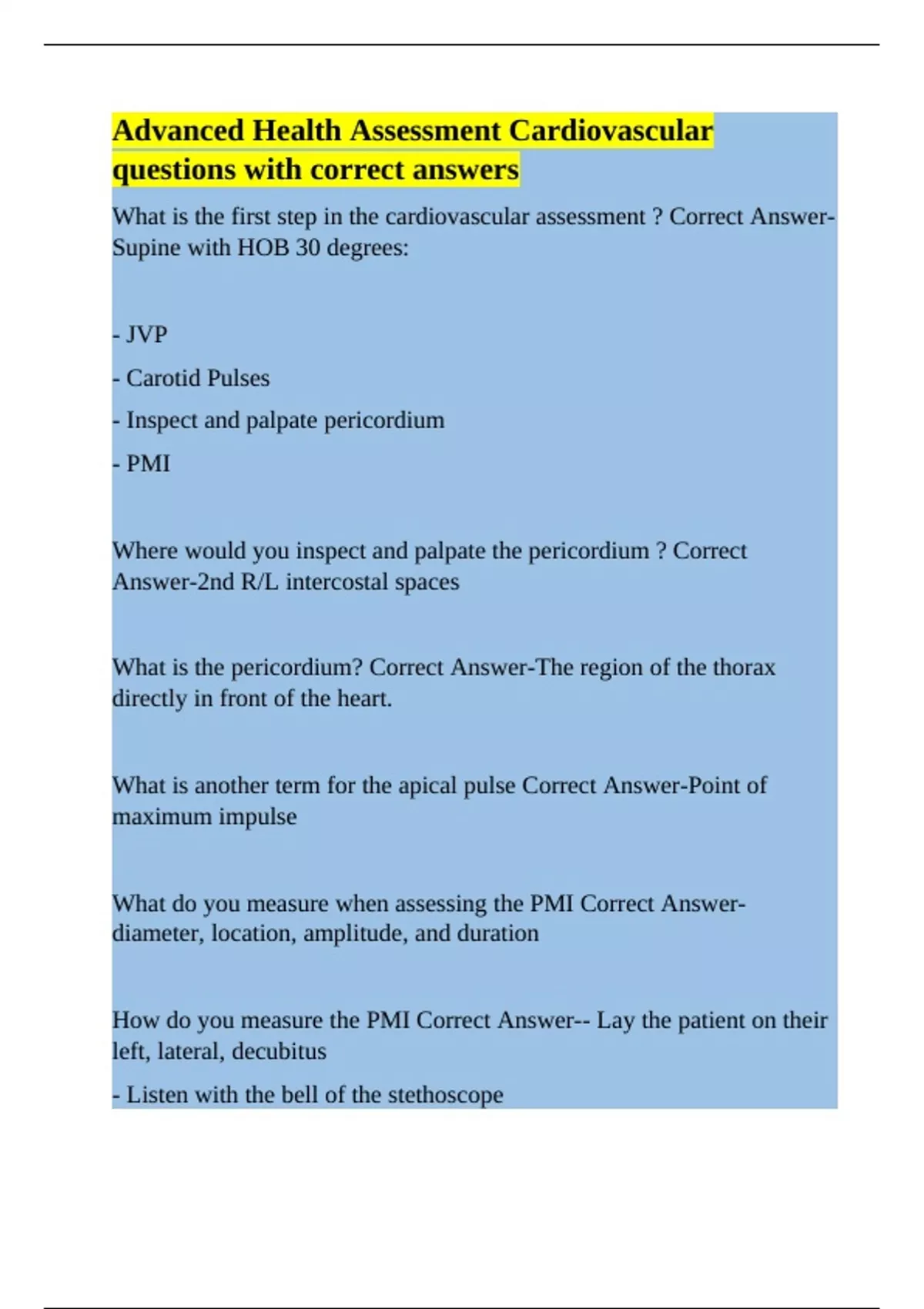 Advanced Health Assessment Cardiovascular questions with correct ...
