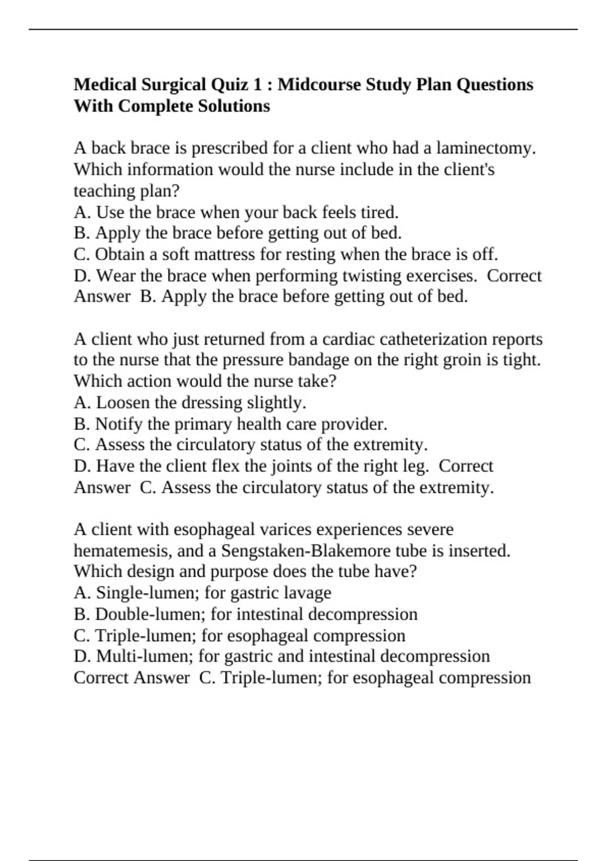 Medical Surgical Quiz 1 : Midcourse Study Plan Questions With Complete ...