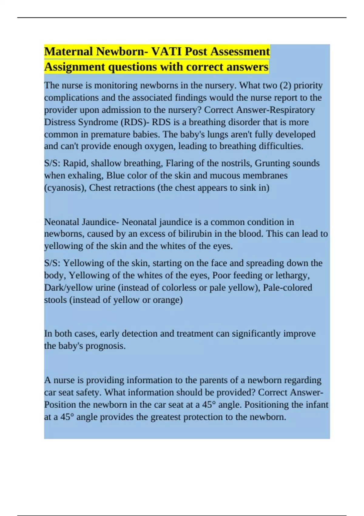 Maternal Newborn- VATI Post Assessment Assignment questions with ...