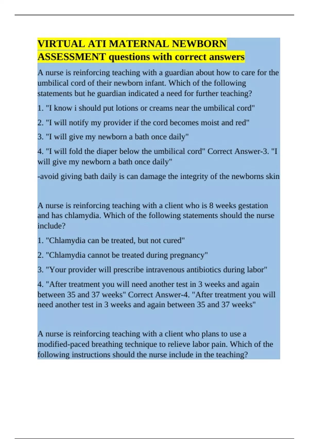 VIRTUAL ATI MATERNAL NEWBORN ASSESSMENT questions with correct answers ...