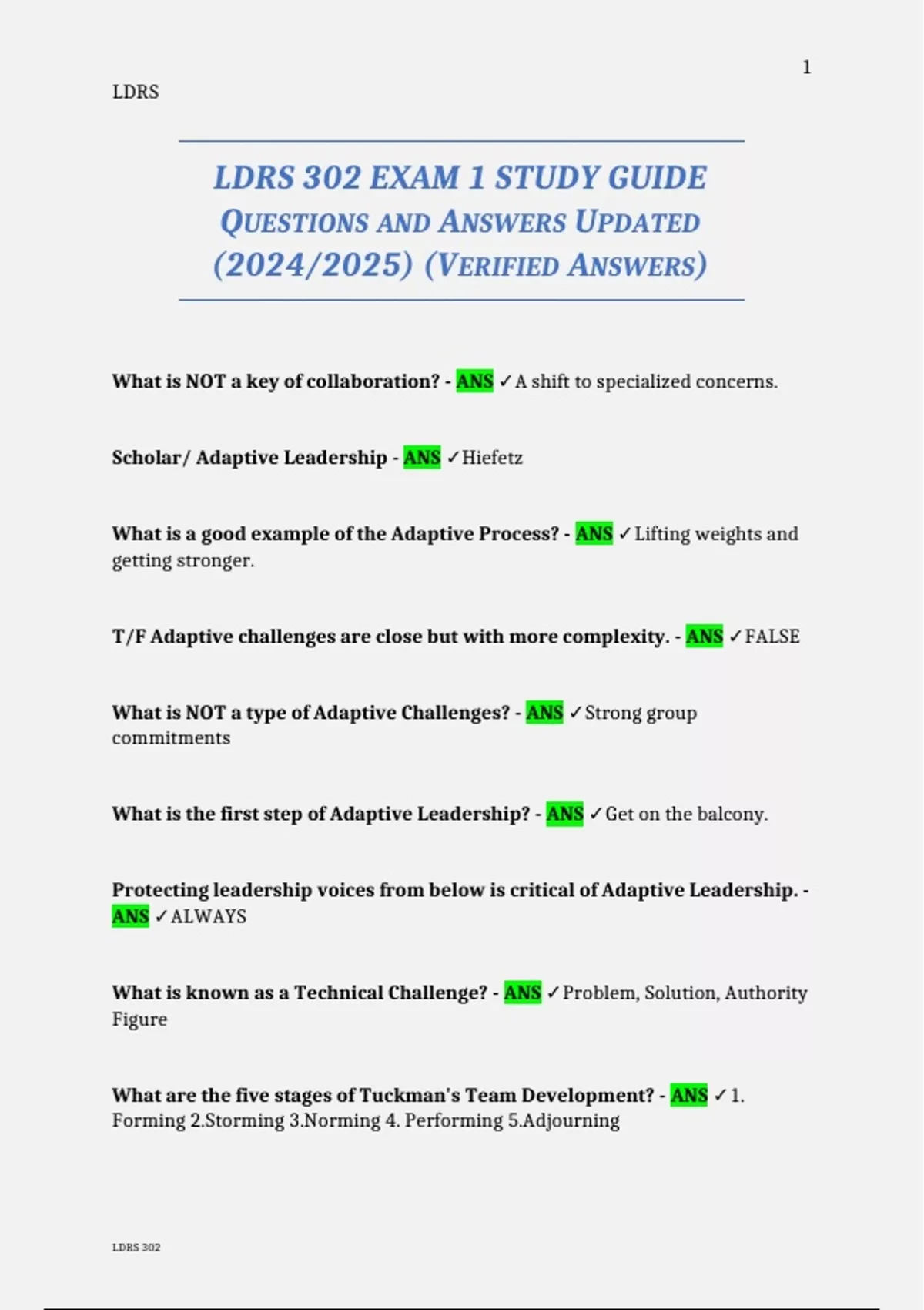 LDRS 302 EXAM 1 STUDY GUIDE QUESTIONS AND ANSWERS UPDATED (2024/2025 ...