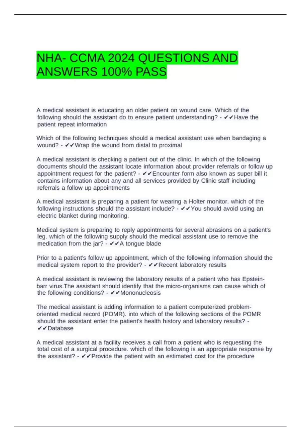 NHA- CCMA 2024 QUESTIONS AND ANSWERS 100- PASS. - MWPCP - Stuvia US