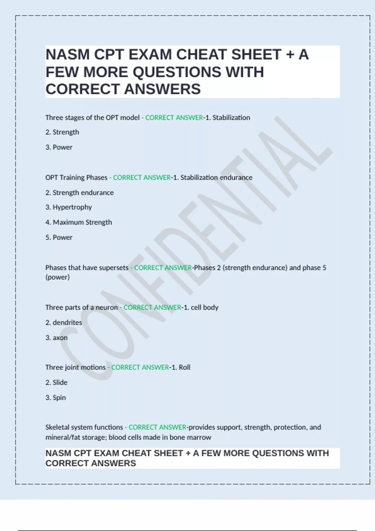 NASM CPT EXAM CHEAT SHEET + A FEW MORE QUESTIONS WITH CORRECT ANSWERS. - NASM CPT - Stuvia US