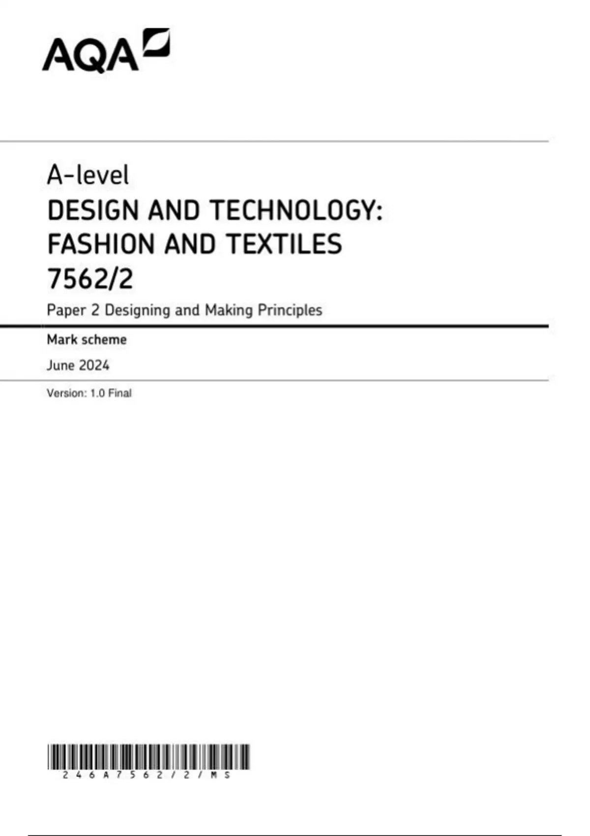 AQA A-level DESIGN AND TECHNOLOGY: FASHION AND TEXTILES 7562-2 Paper 2 ...