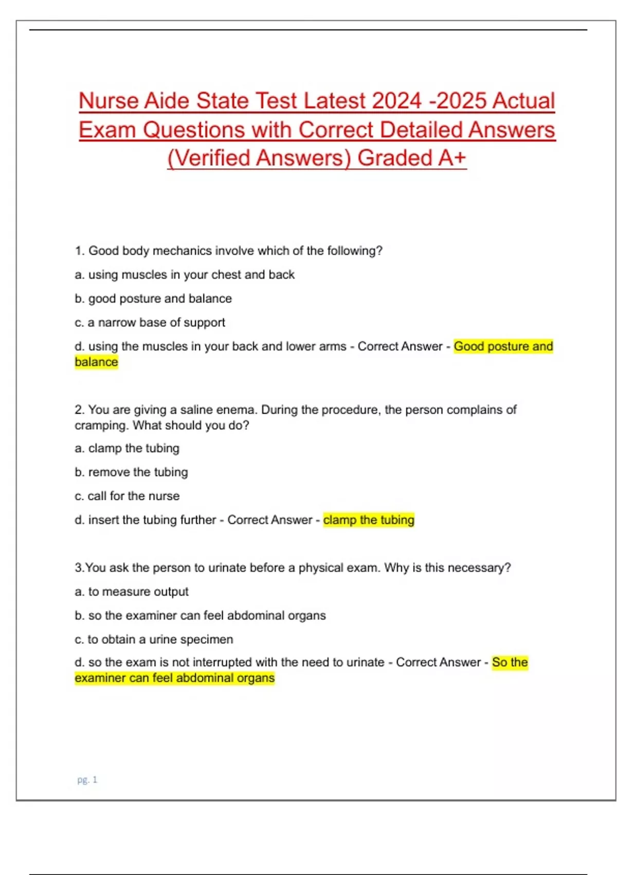 Nurse Aide State Test Latest Actual Exam Questions with Correct ...
