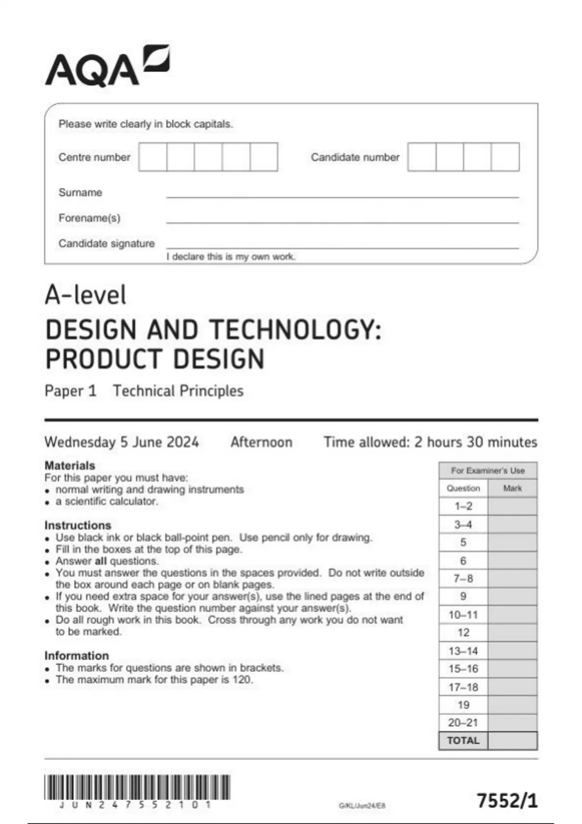 AQA A-level DESIGN AND TECHNOLOGY: PRODUCT DESIGN 7552-1 Paper 1 ...