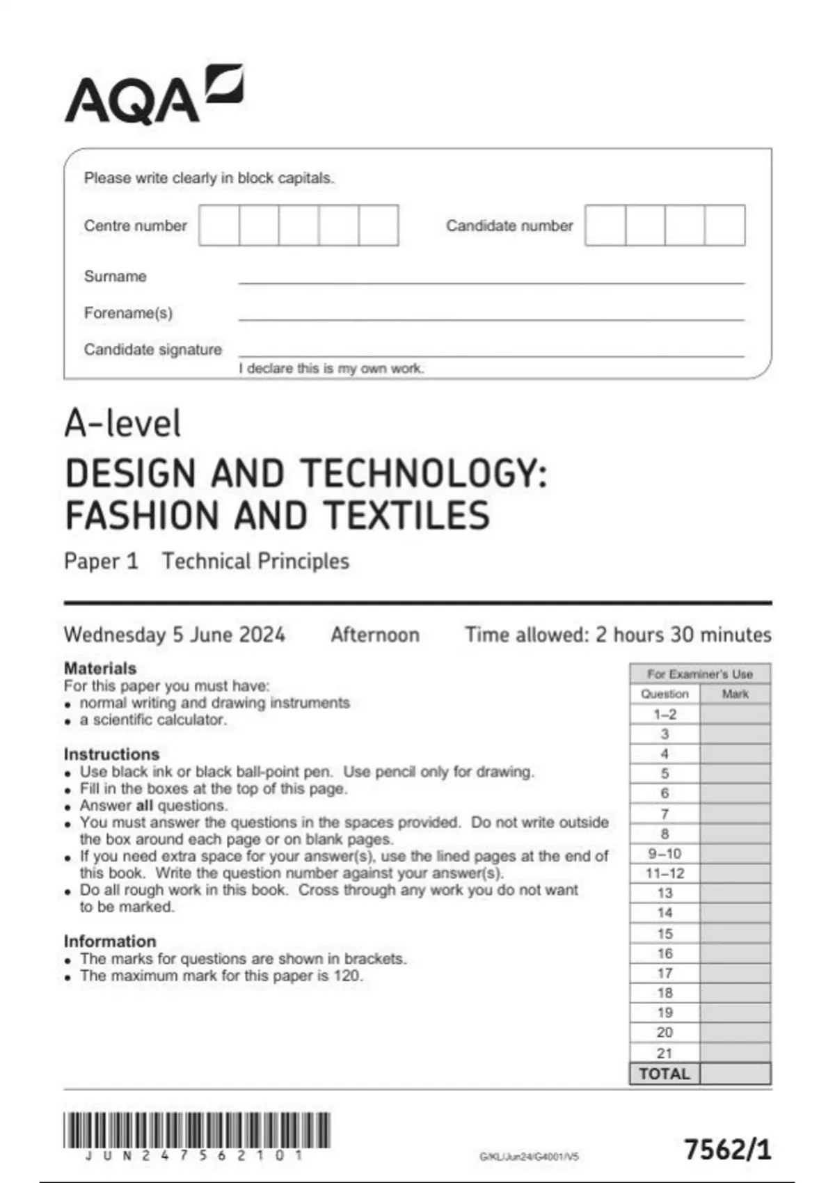 AQA A-level DESIGN AND TECHNOLOGY: FASHION AND TEXTILES 7562-1 Paper 1 ...