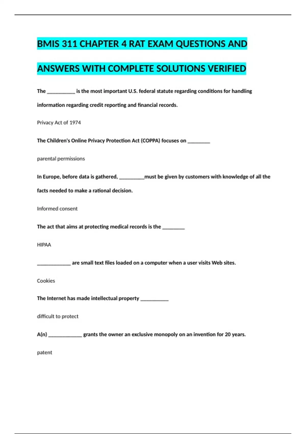 BMIS 311 CHAPTER 4 RAT EXAM QUESTIONS AND ANSWERS WITH COMPLETE ...