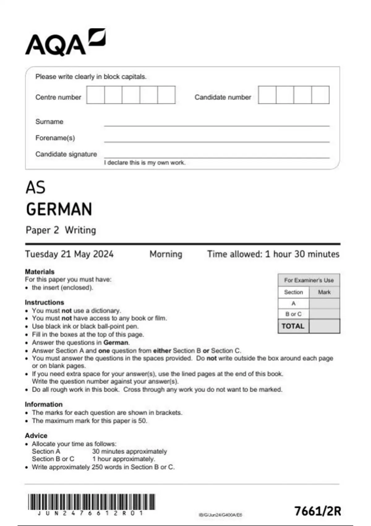 AQA AS GERMAN 7661-2R Paper 2 Writing question paper June 2024 - AQA ...