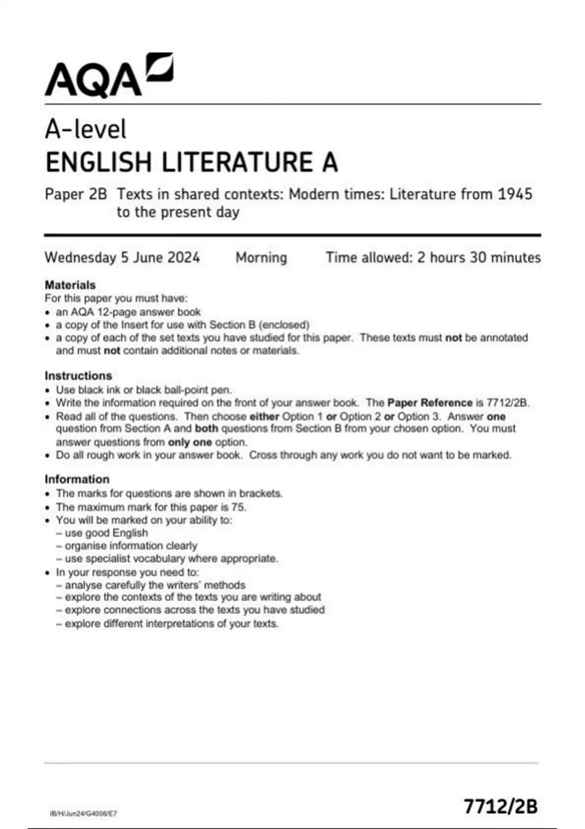 AQA A-level ENGLISH LITERATURE A 7712-2B Paper 2B Texts in shared ...