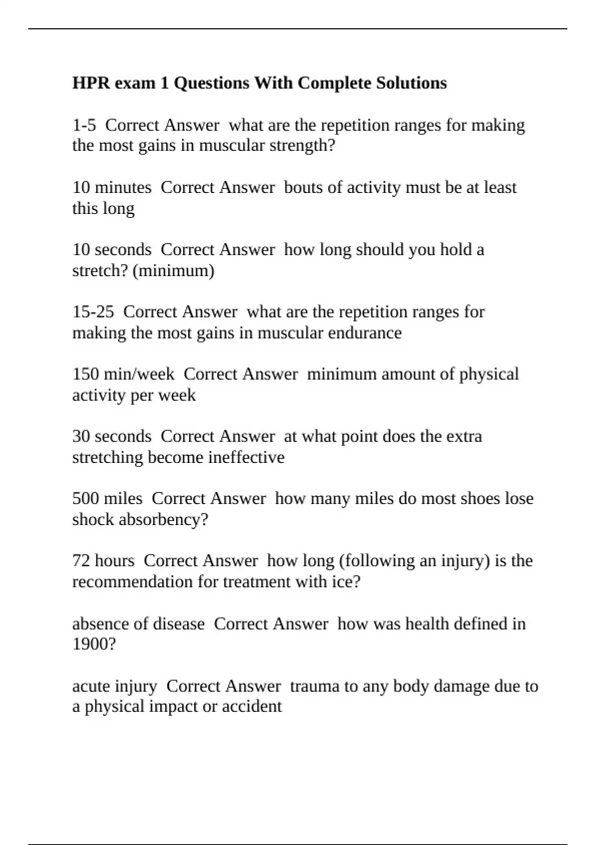 HPR exam 1 Questions With Complete Solutions - HPR - Stuvia US