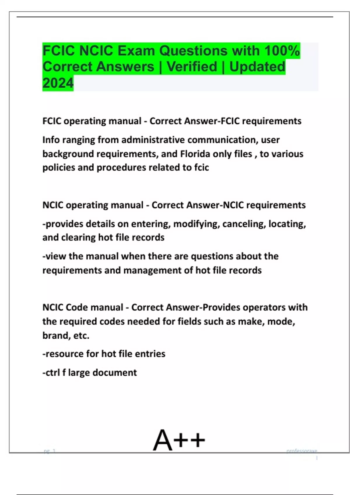 FCIC NCIC Exam Questions with 100% Correct Answers | Verified | Updated ...