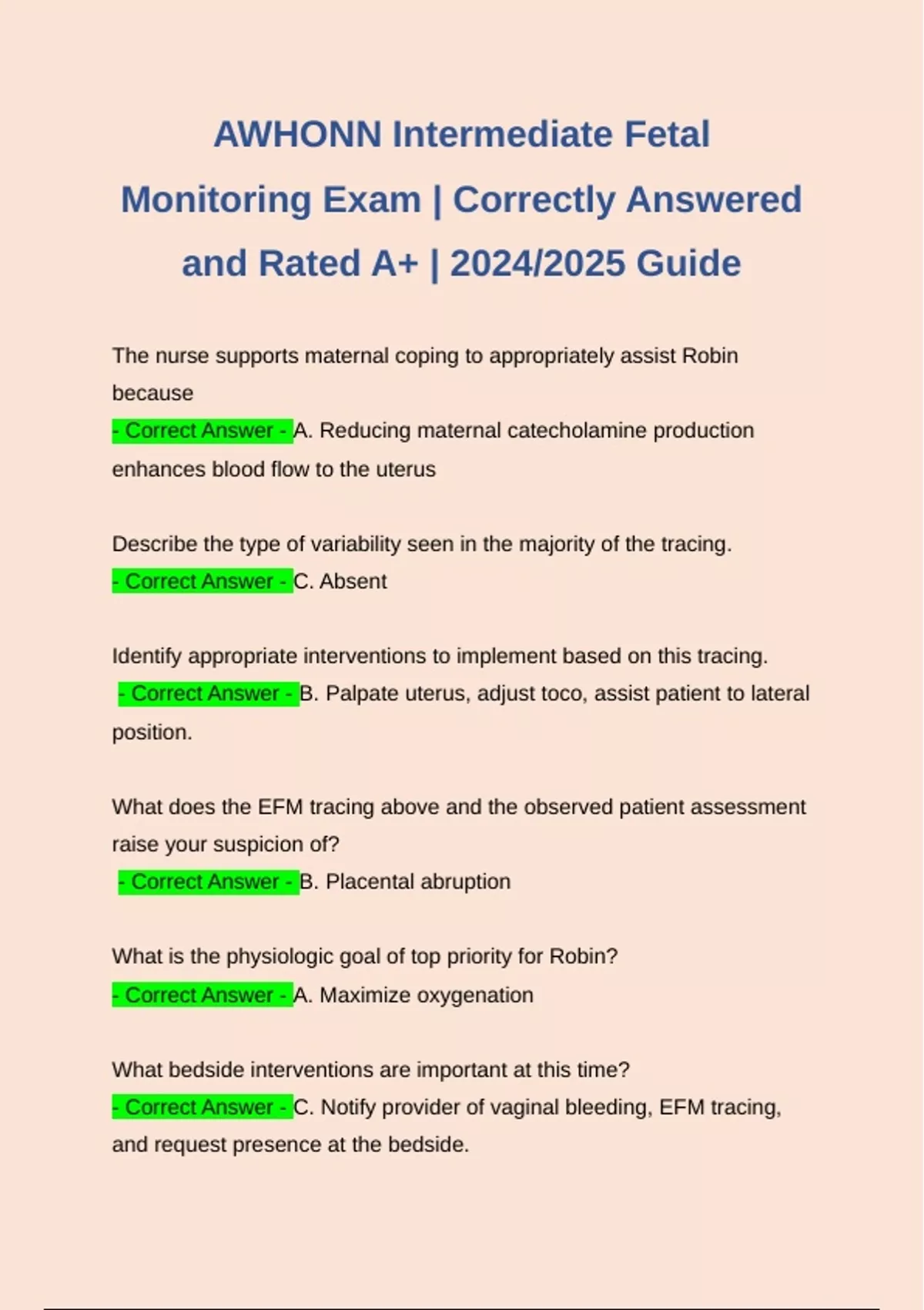 AWHONN Intermediate Fetal Monitoring Exam | Correctly Answered and ...