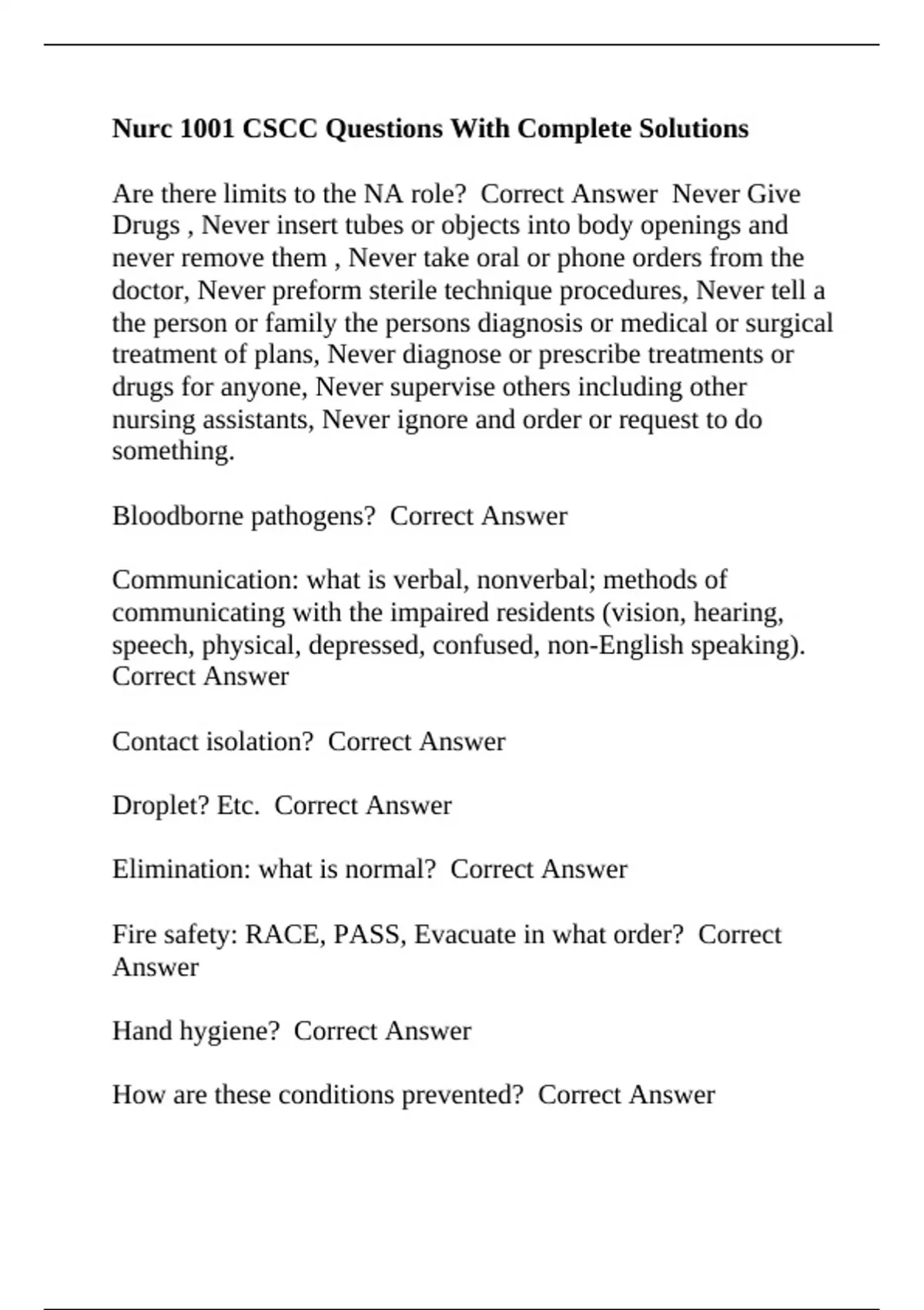 Nurc 1001 CSCC Questions With Complete Solutions - Nurc 1001 - Stuvia US