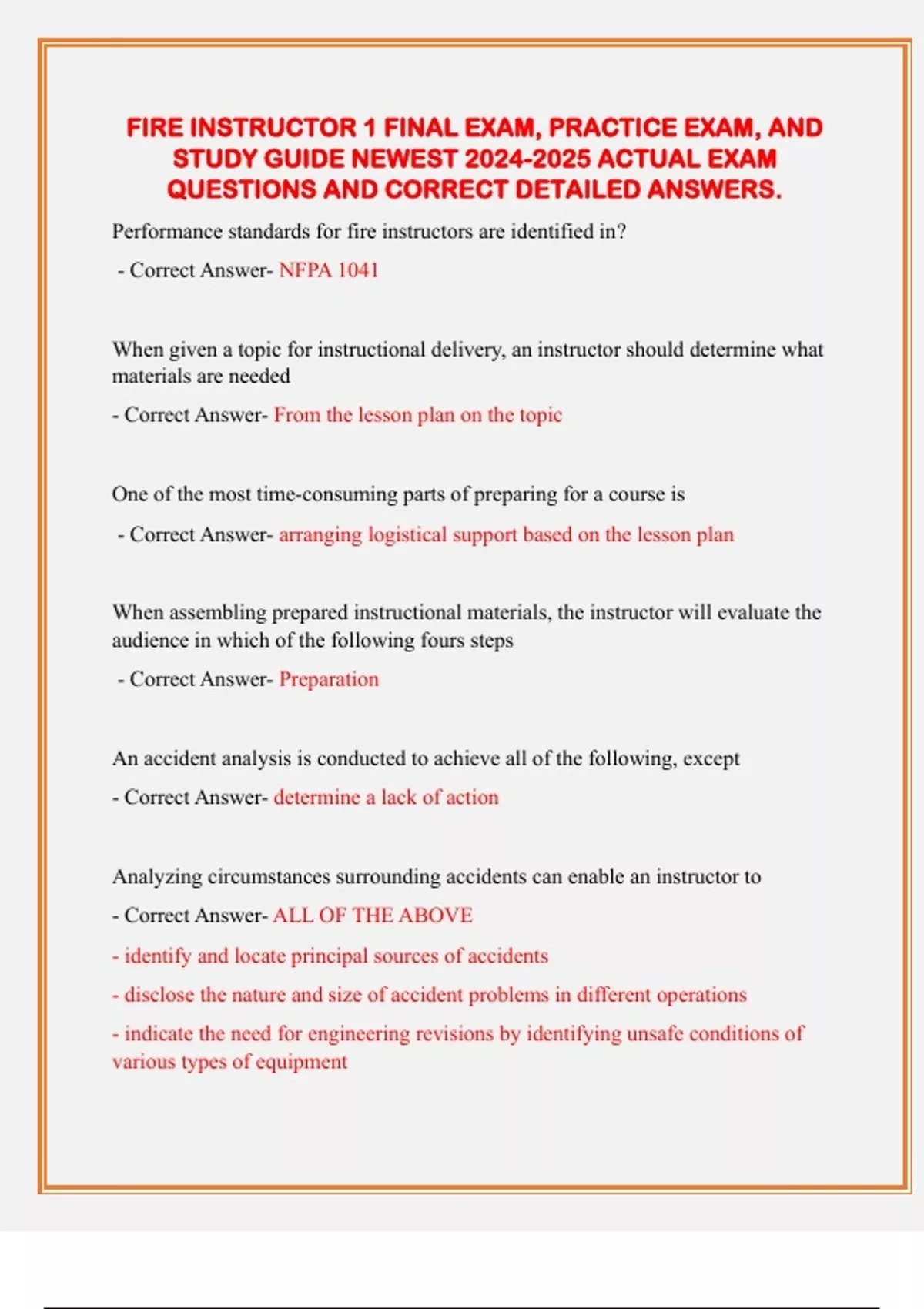 FIRE INSTRUCTOR 1 FINAL EXAM, PRACTICE EXAM, AND STUDY GUIDE NEWEST ACTUAL EXAM QUESTIONS AND ...