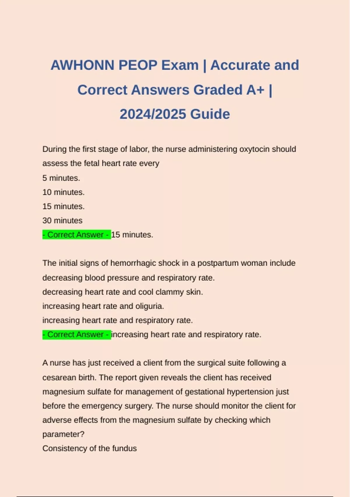 AWHONN PEOP Exam | Accurate and Correct Answers Graded A+ | 2024/2025 ...