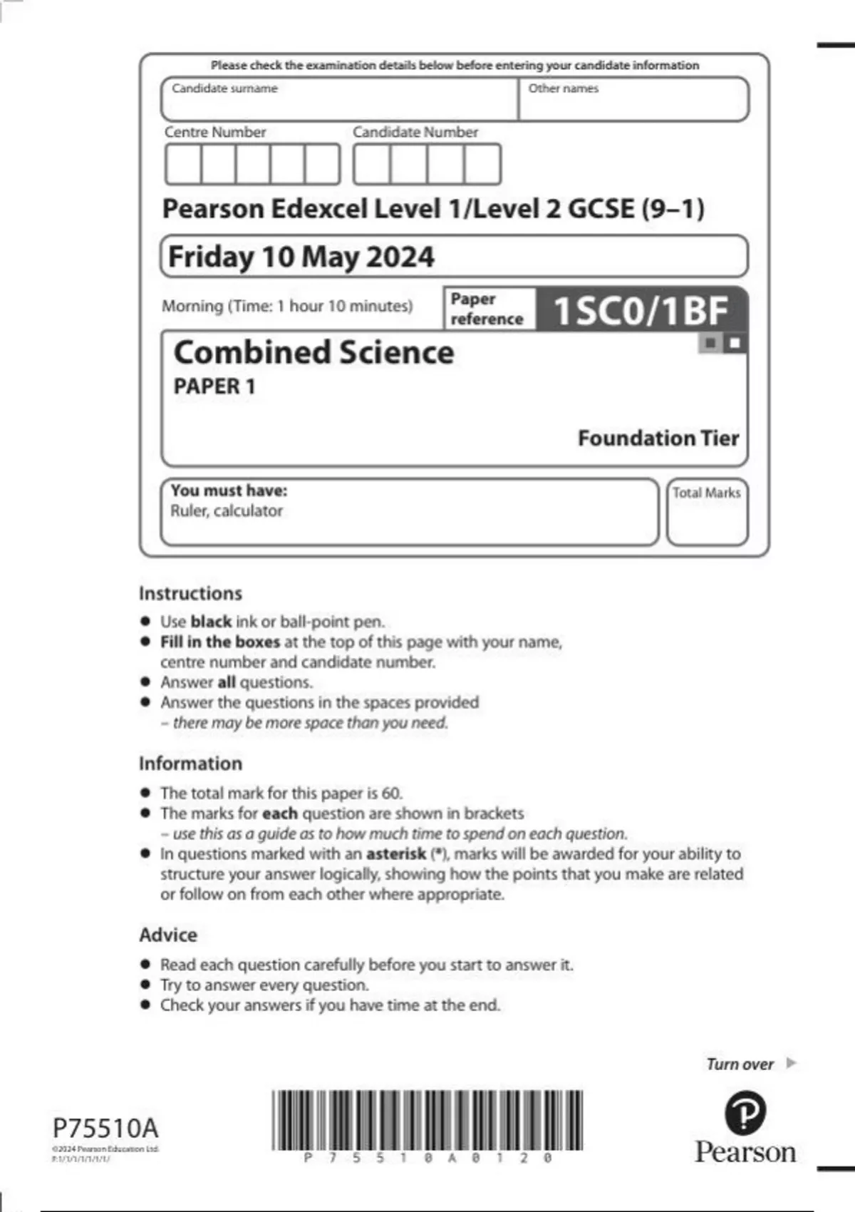 Pearson Edexcel Level 1 Level 2 GCSE 9 1 Combined Science PAPER 1 Pearson Edexcel Level 1 Level 2 GCSE 9 1 Combined Science PAPER 1