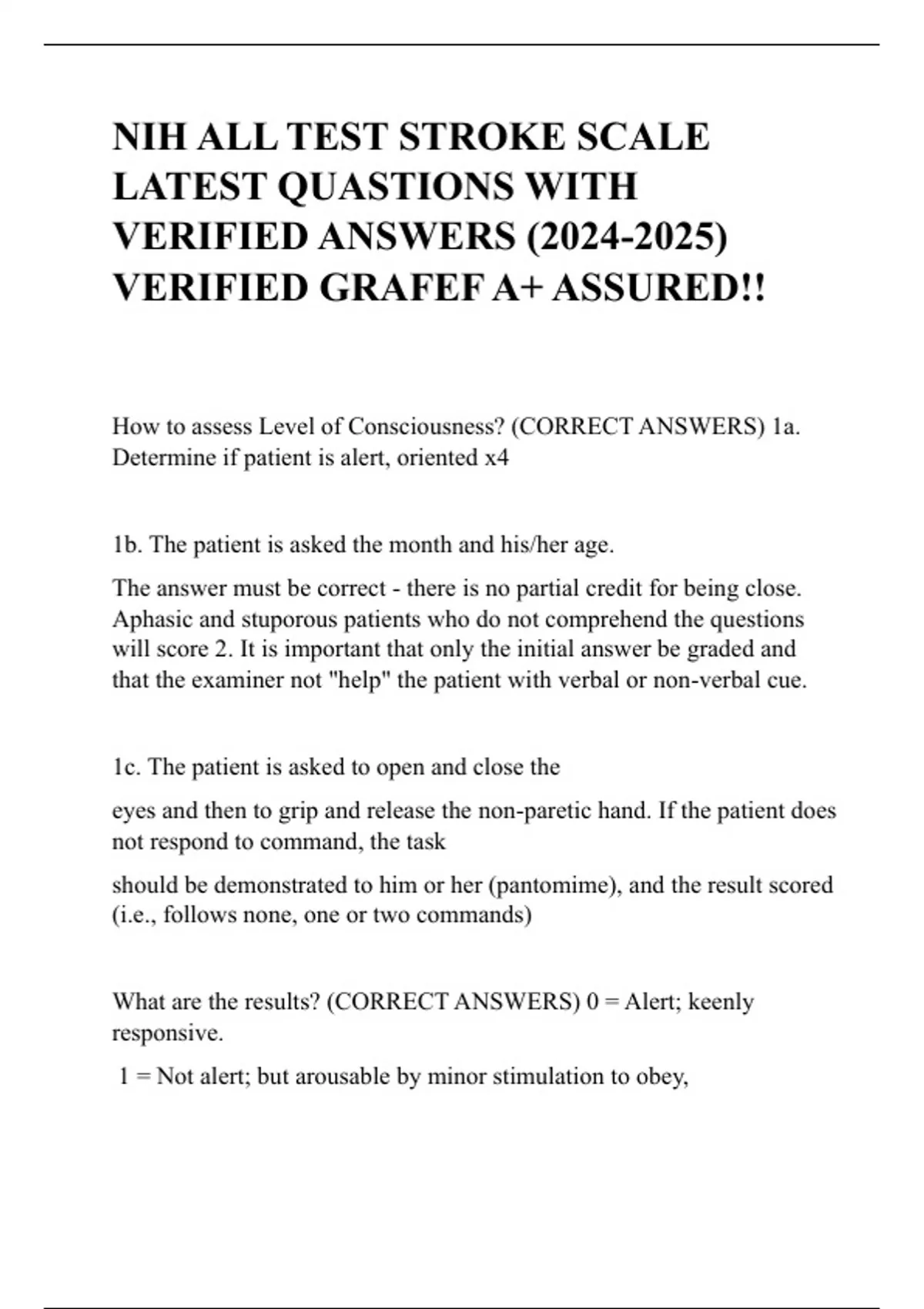 NIH ALL TEST STROKE SCALE LATEST QUASTIONS WITH VERIFIED ANSWERS ...