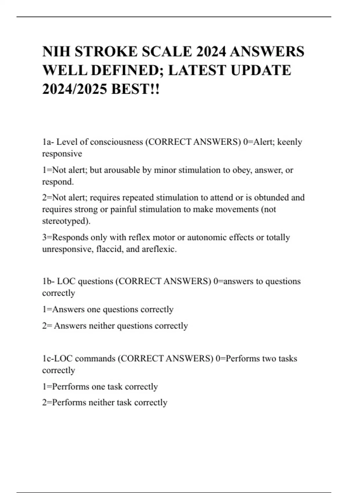 NIH STROKE SCALE 2024 ANSWERS WELL DEFINED; LATEST UPDATE 2024/2025 ...