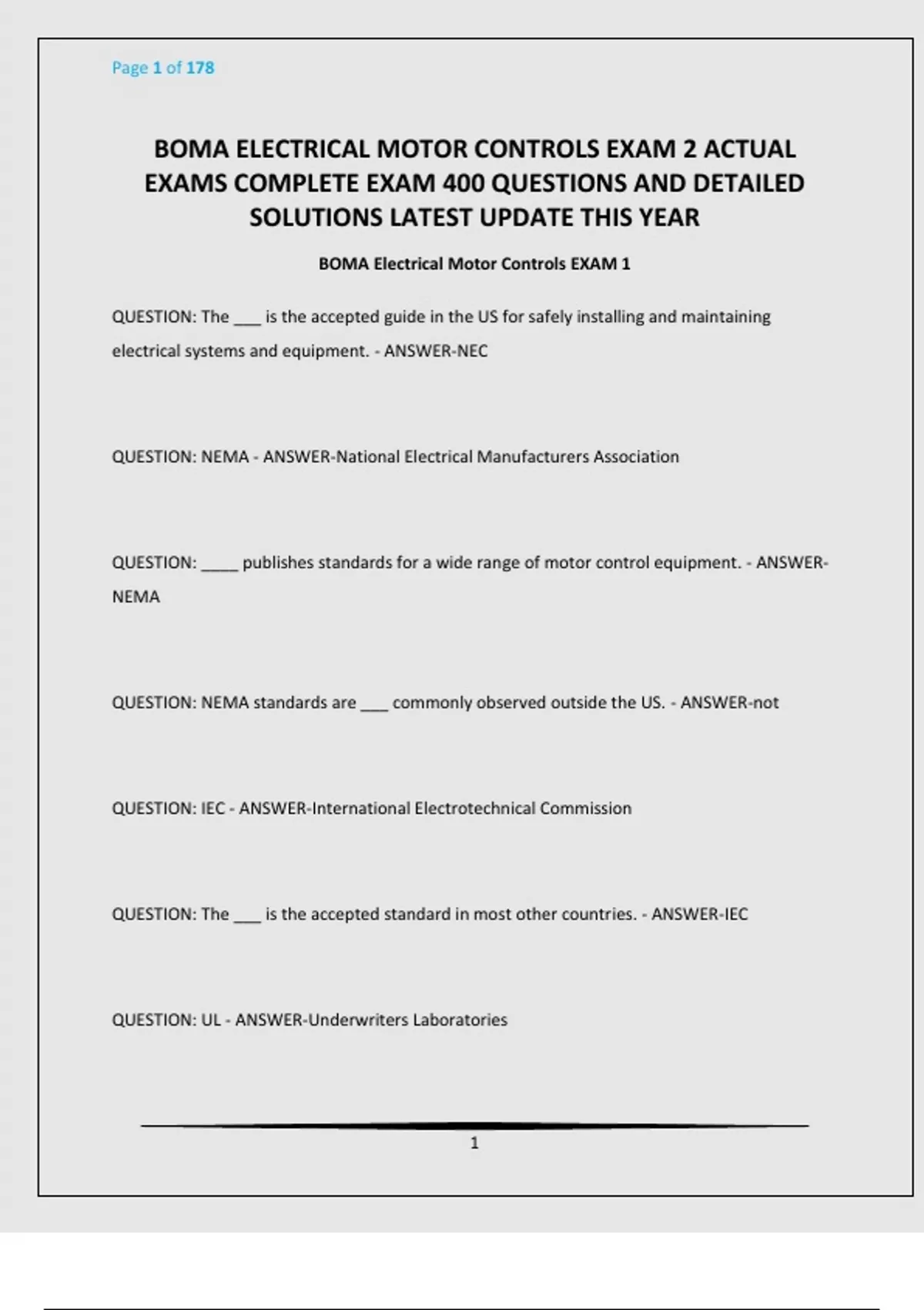 BOMA ELECTRICAL MOTOR CONTROLS EXAM 2 ACTUAL EXAMS COMPLETE EXAM 400 ...