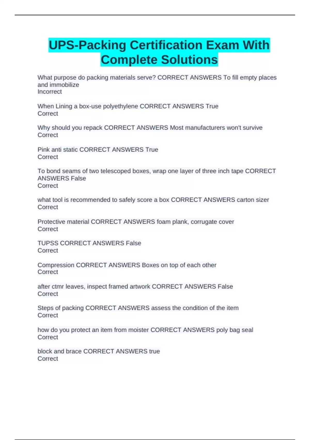 UPS-Packing Certification Exam With Complete Solutions - Packing ...