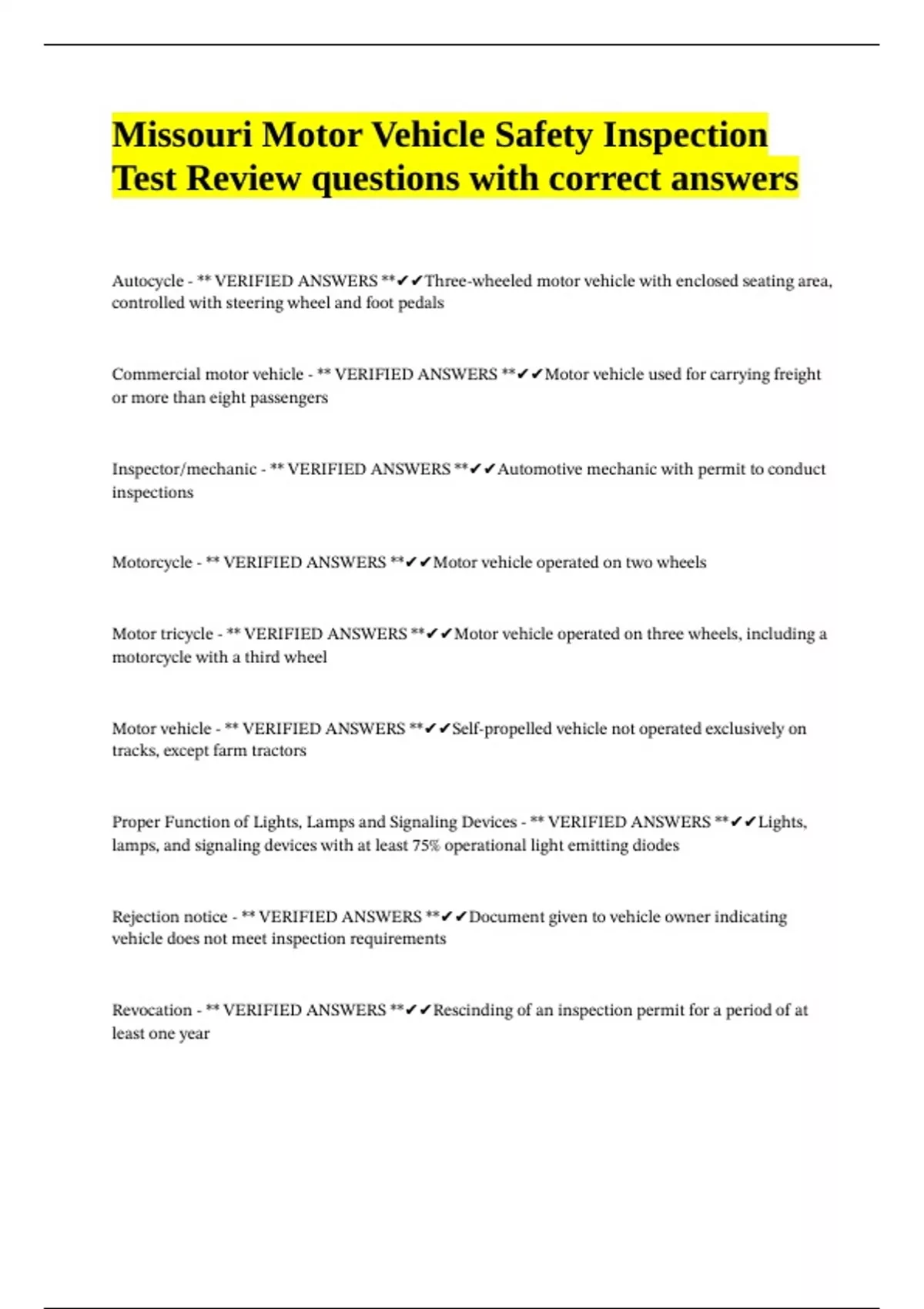 Missouri Motor Vehicle Safety Inspection Test Review questions with ...