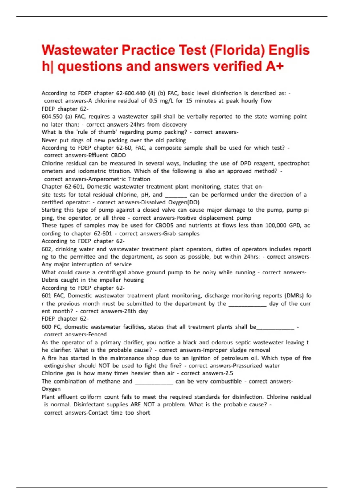 Wastewater Practice Test (Florida) English| questions and answers ...
