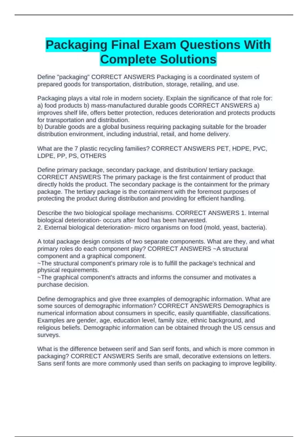 Packaging Final Exam Questions With Complete Solutions - Packing ...