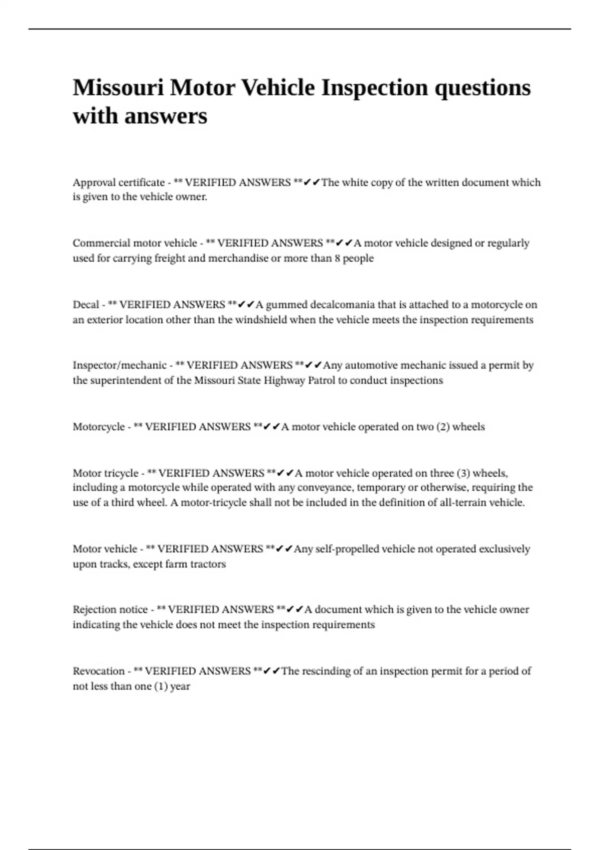 Missouri Motor Vehicle Inspection questions with answers - Missouri ...