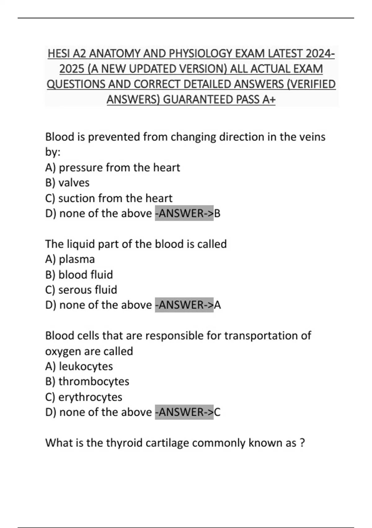 HESI A2 ANATOMY AND PHYSIOLOGY EXAM ALL THREE VERSIONS - Stuvia US